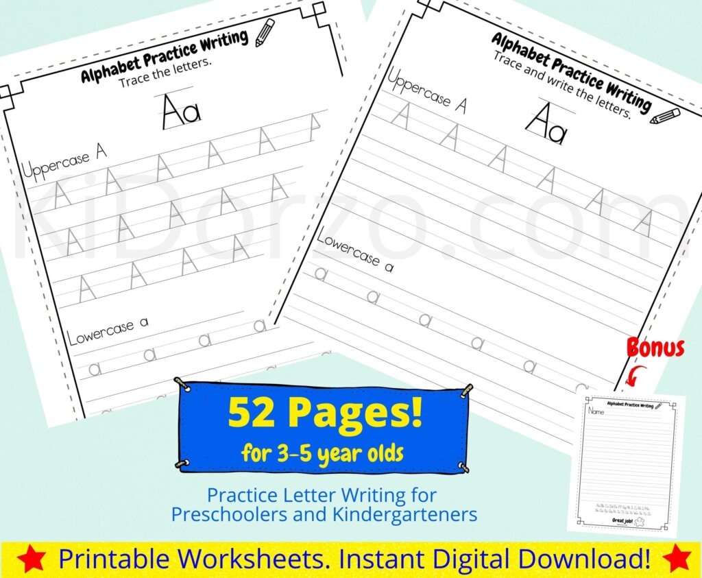52 Alphabet Tracing Worksheet with a BONUS Writing Sheet