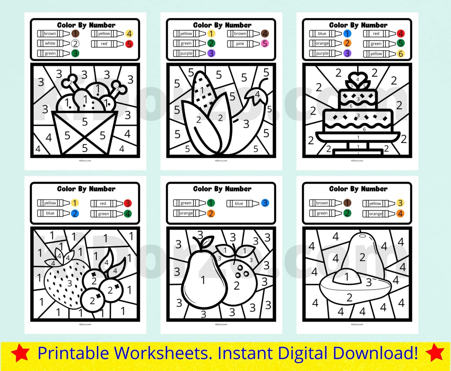 Color By Number Food Theme Printable Coloring Pages for Kids